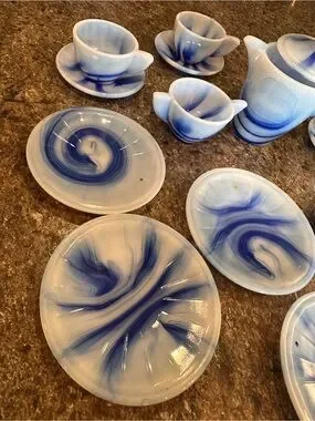 Accessories | Vintage Glass Childs Tea Set Milk And Blue Artisan Glass ...